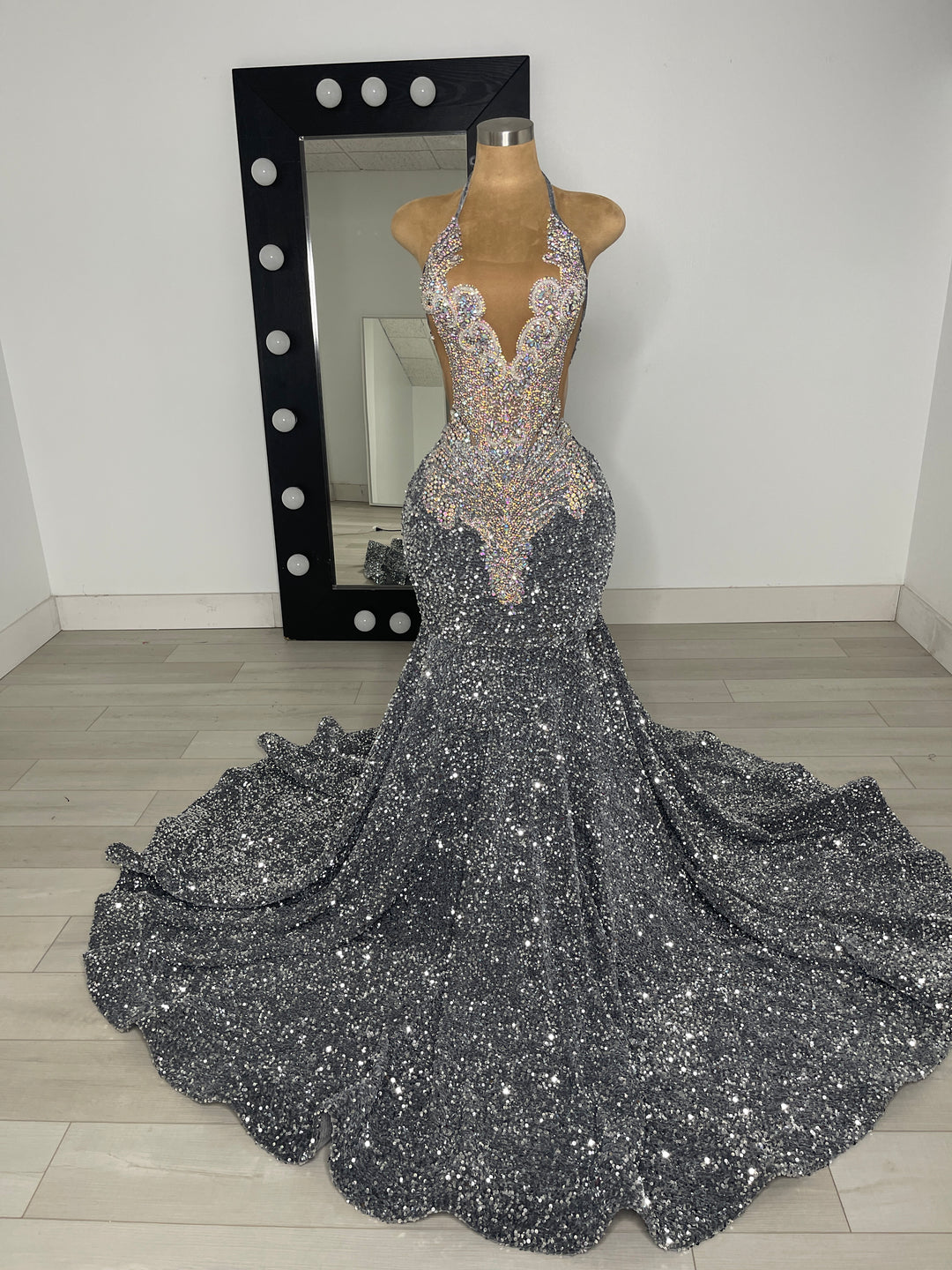 Jocelyn - HALTER STYLE Silver Sequin & Iridescent Rhinestone Prom Dres ...